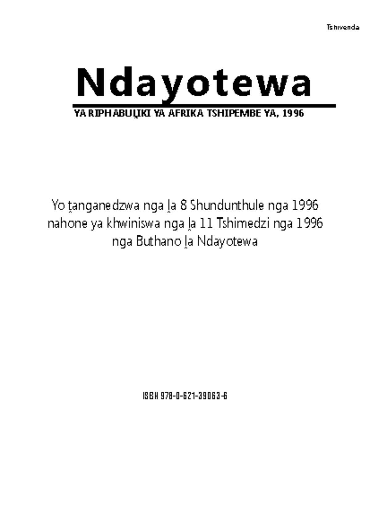 Tshivenda Ndayotewa ya Riphabuḽiki ya Afrika Tshipembe: 1996 Final Exam ...