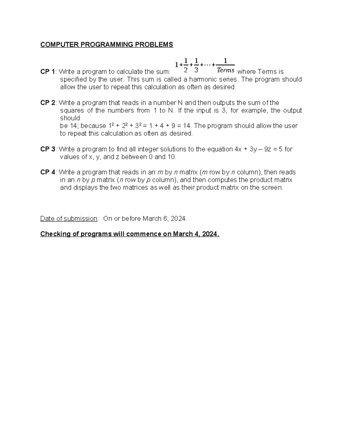 Computer Programming Problems 1 - COMPUTER PROGRAMMING PROBLEMS CP 1 ...
