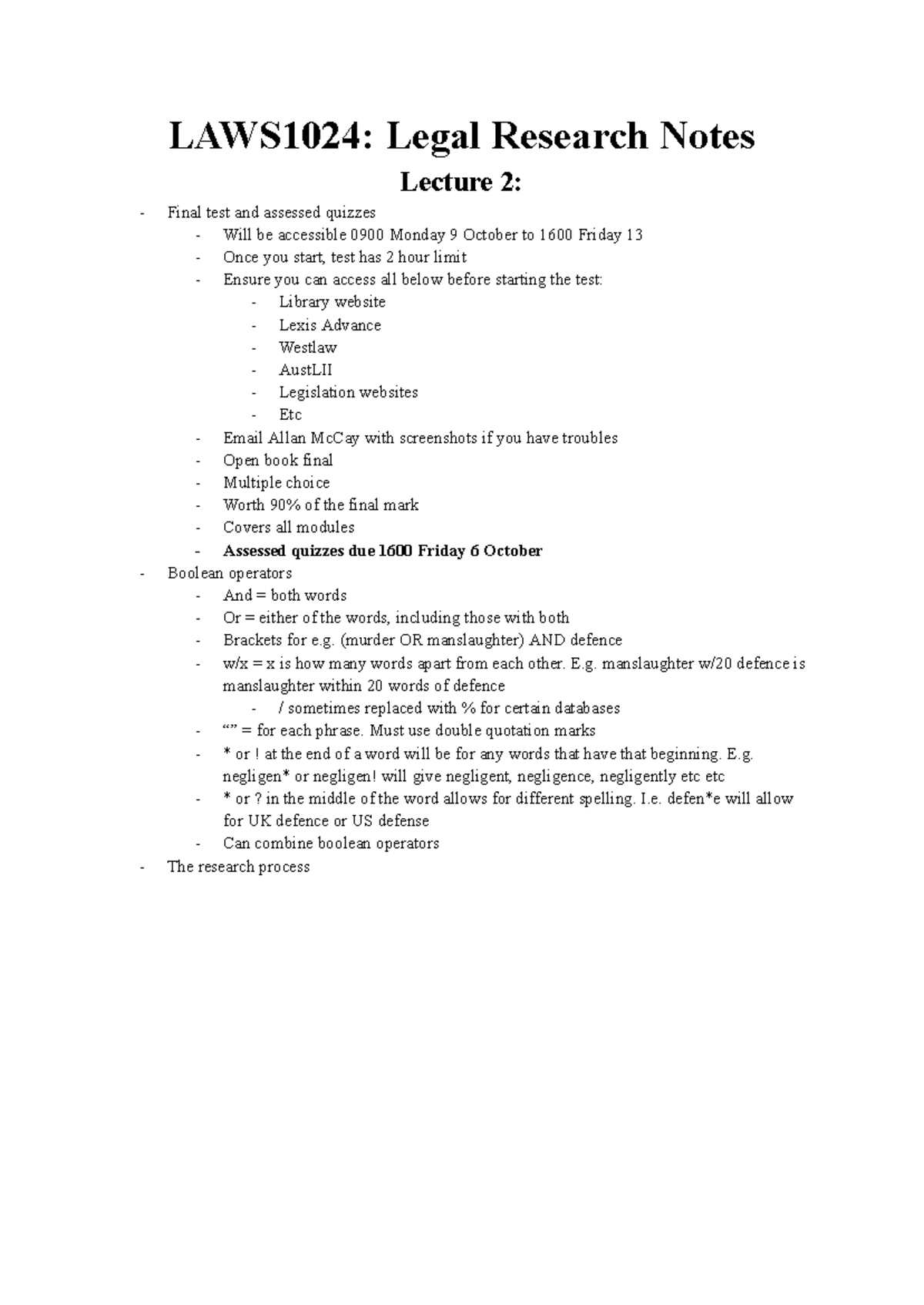 LAWS1024: Legal Research Notes for Final Exam and Quizzes - Studocu