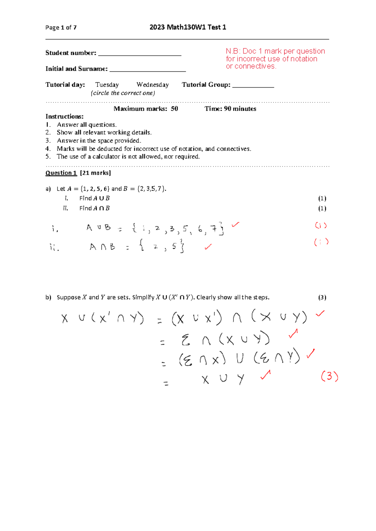 Math130W1 2023 Test 1 Solutions & Memo - Studocu