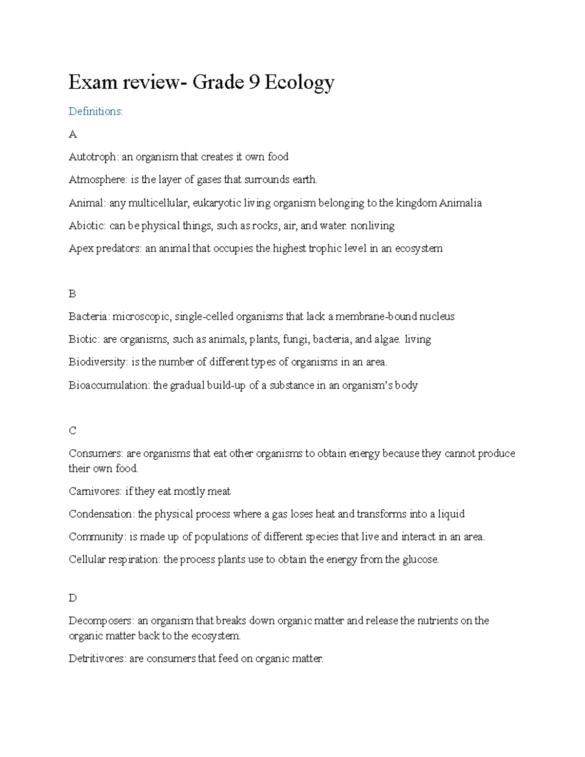 Grade 9 Science: Ecology Definitions and Key Concepts Study Notes - Studocu