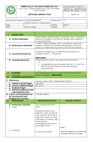 4AS Detailed Lesson PLAN Format - Green Valley College Foundation, Inc ...