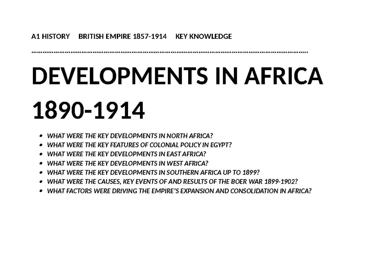A1 HISTORY: Key Developments in Africa 1890-1914 - Studocu