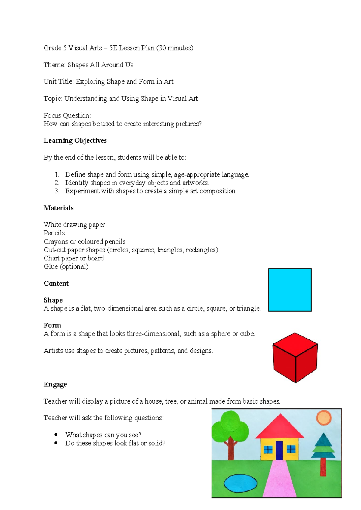 Grade 5 Visual Arts 5E Lesson Plan: Exploring Shapes in Art - Studocu