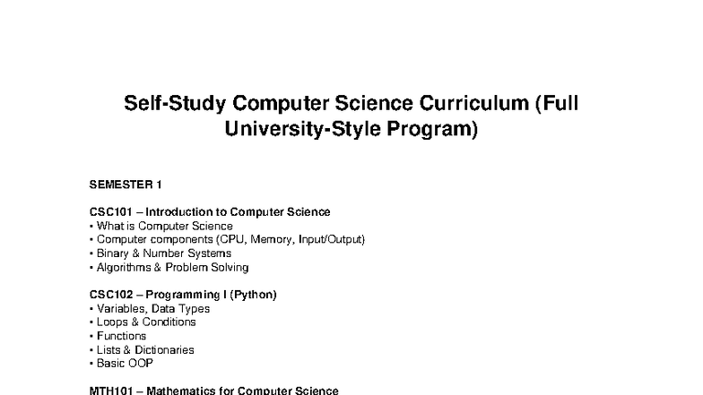 Computer Science Curriculum Overview: SEM 1 & SEM 2 (CSC101, CSC102 ...