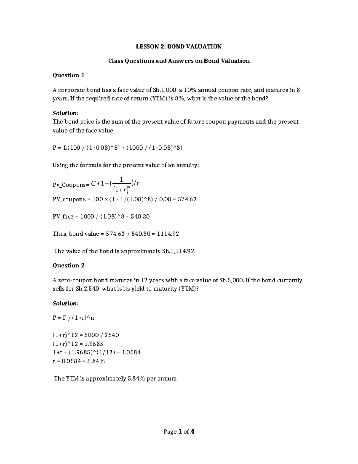 LESSON 2: BOND VALUATION Q&A with Solutions and Examples - Studocu