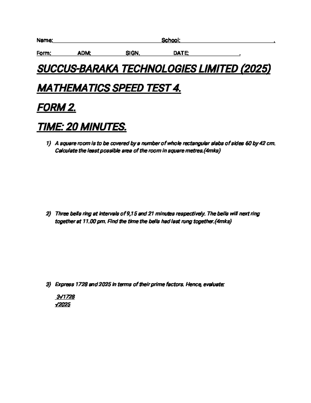 Mathematics Speed Test 4 - Form 2 (2025) - Studocu