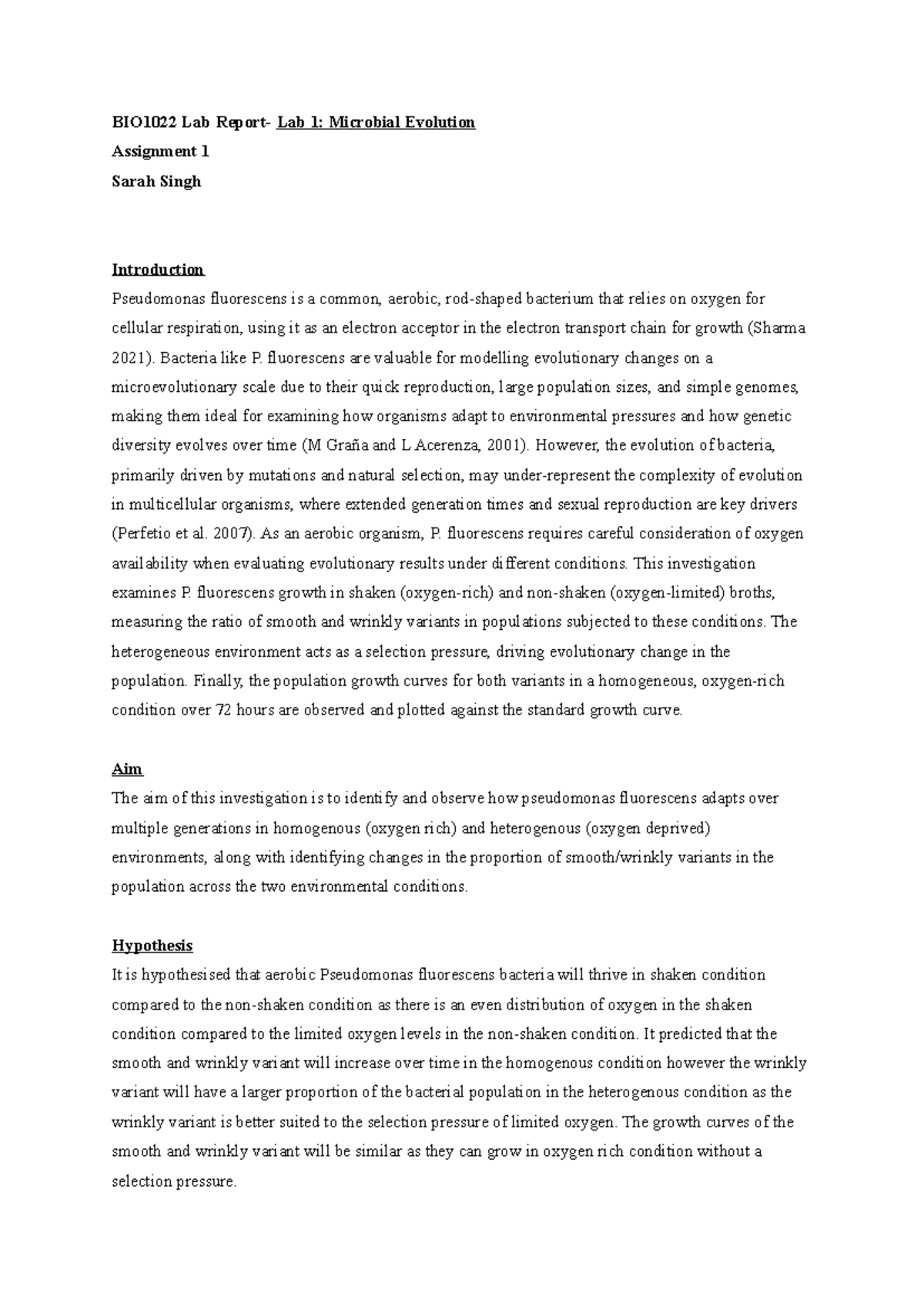 BIO1022 Lab Report: Microbial Evolution of Pseudomonas fluorescens - Studocu