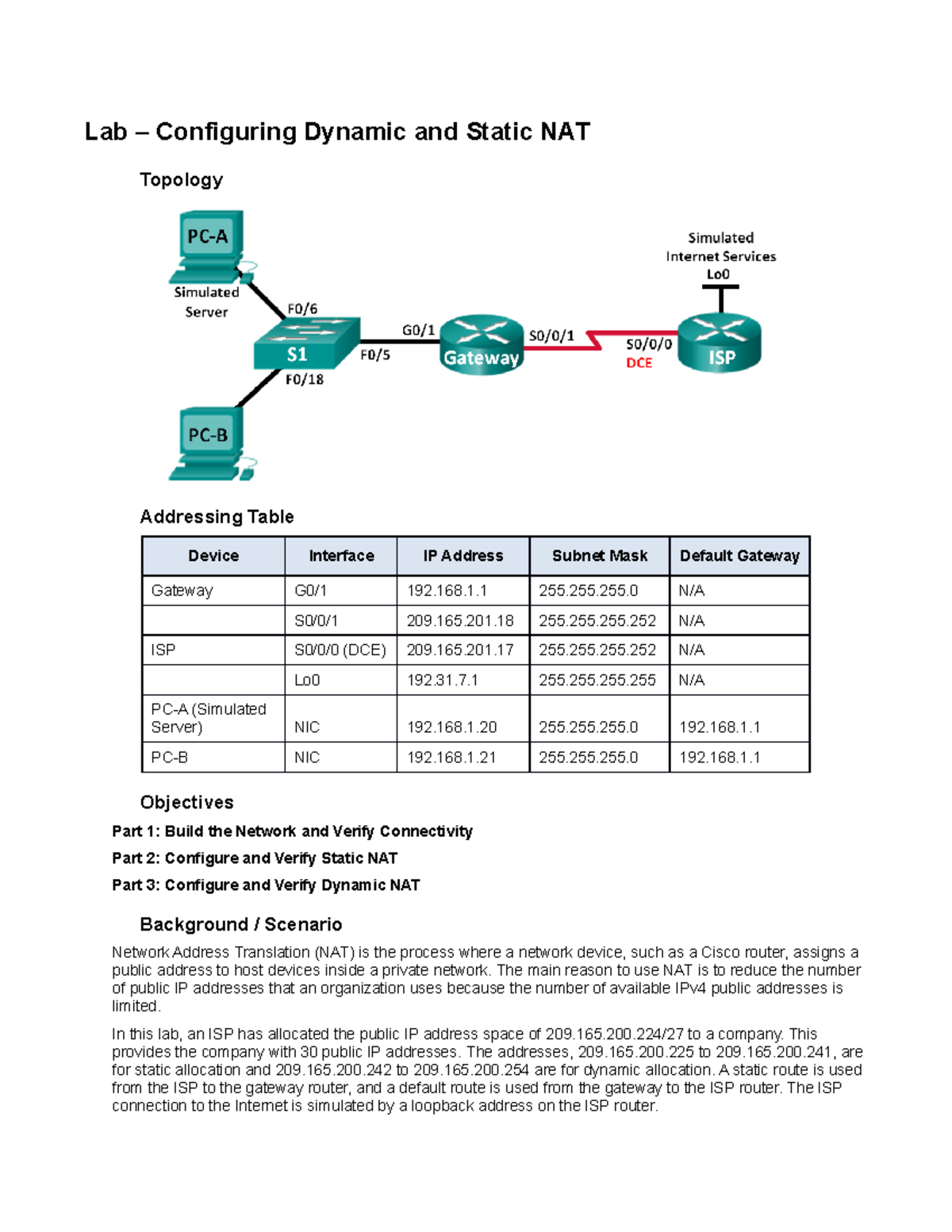 5226 Lab Configuring Dynamic And Static Nat Topology Addressing Table Device Interface Ip