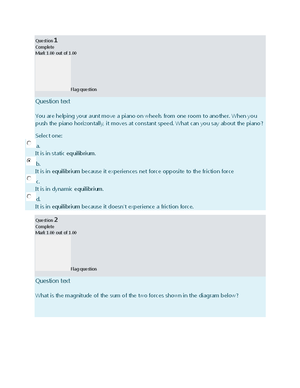 Final Q1 Q2 - Calculus- Physics Based - Question 1 Complete Mark 1 out of 1. Flag question ...