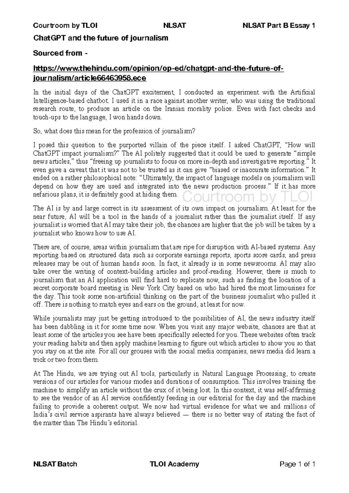 TLOI NLSAT Part B Essay: ChatGPT's Impact on Journalism - Studocu