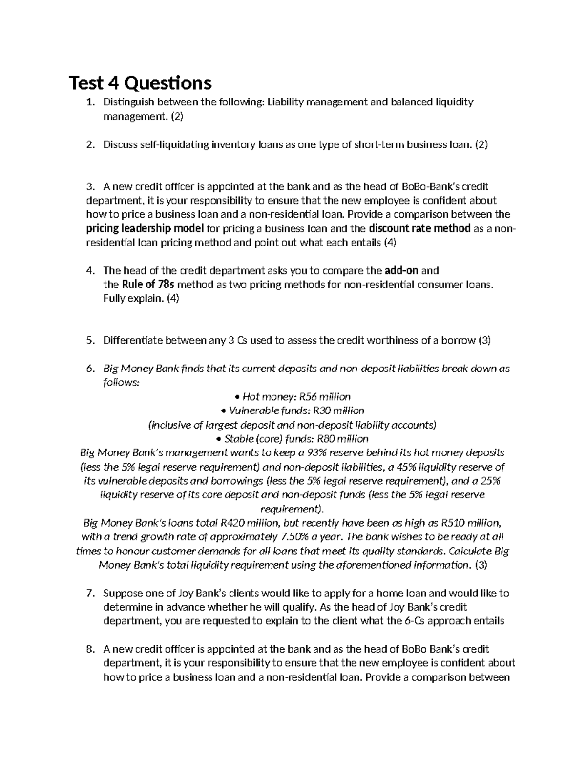 Test 4: Key Questions on Loan Pricing & Liquidity Management - Studocu