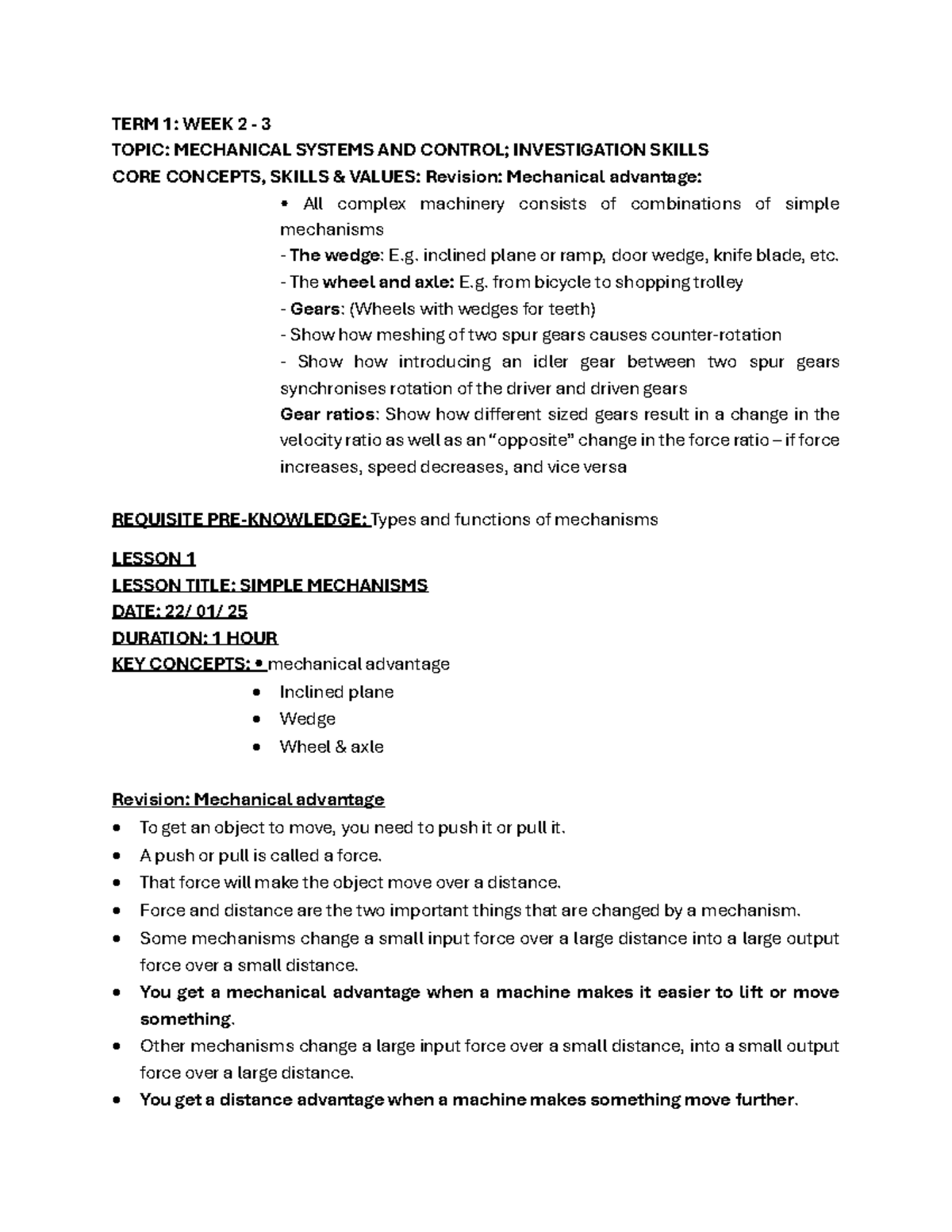 GR 8 TECH TERM 1 WEEK 2 - Mechanical Systems & Investigation Skills ...