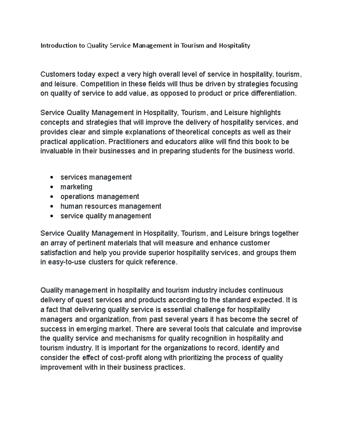Quality Service Management in Tourism & Hospitality: An Intro Guide ...