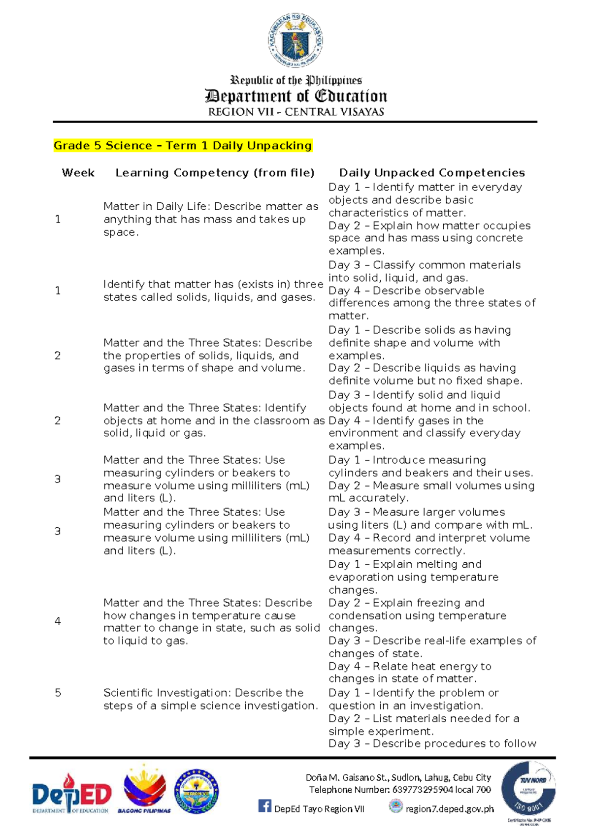 Grade 5 Science Term 1 Daily Unpacking Competencies - Studocu