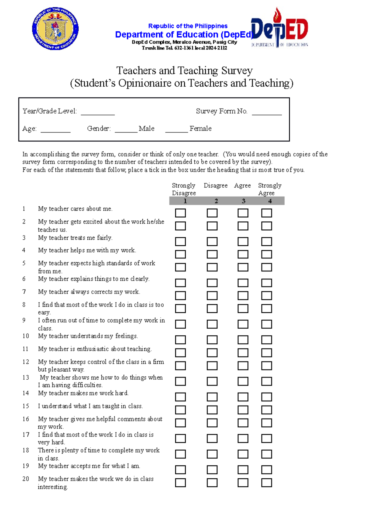 Teachers and teaching school survey - Republic of the Philippines Department of Education (DepEd ...