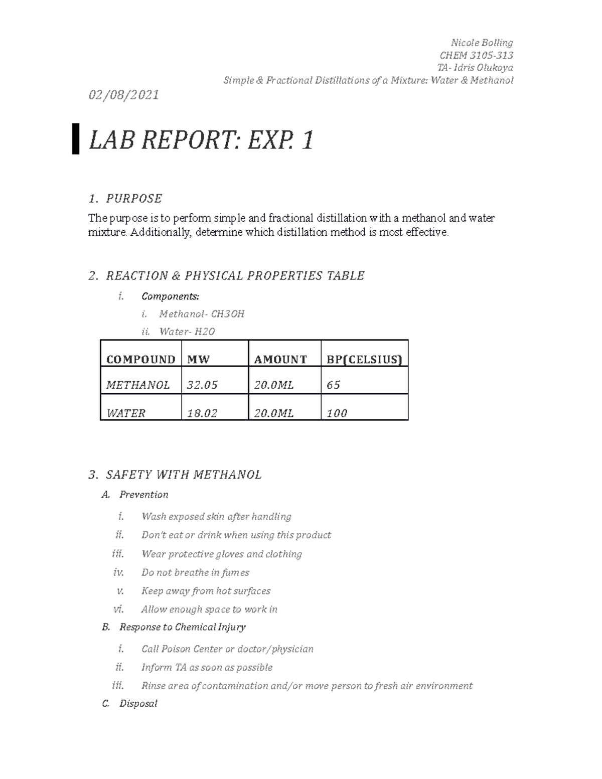 Lab 1- Simple & Fractional Distillations of a Mixture: Water & Methanol ...
