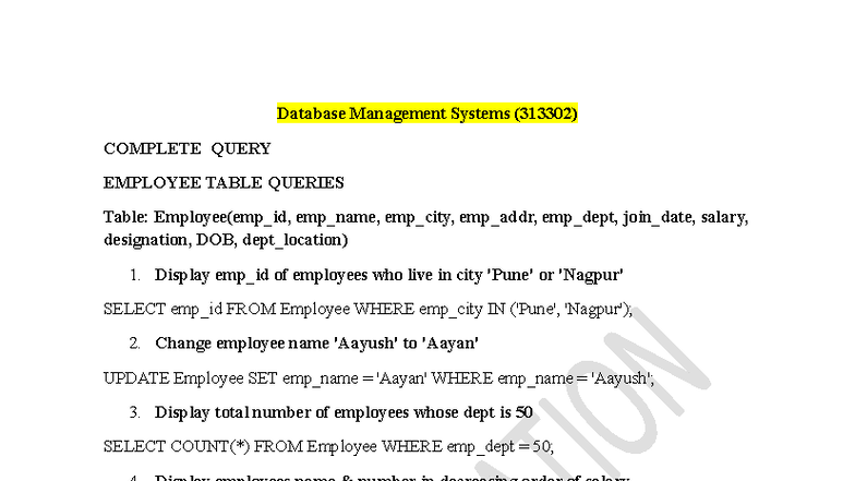 Database Management Systems (313302) Query-Based Questions - Studocu