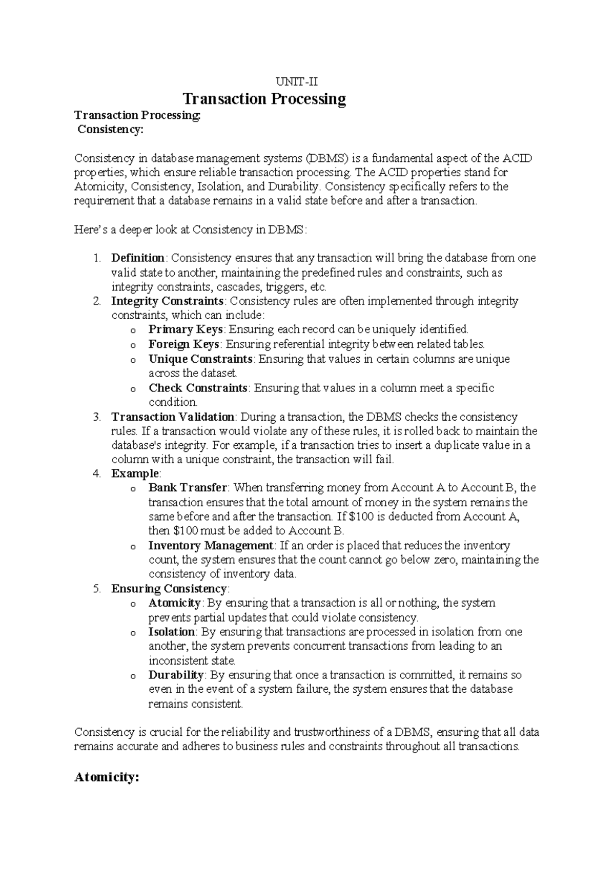 UNIT-2 - Key Concepts of Transaction Processing in Databases - Studocu
