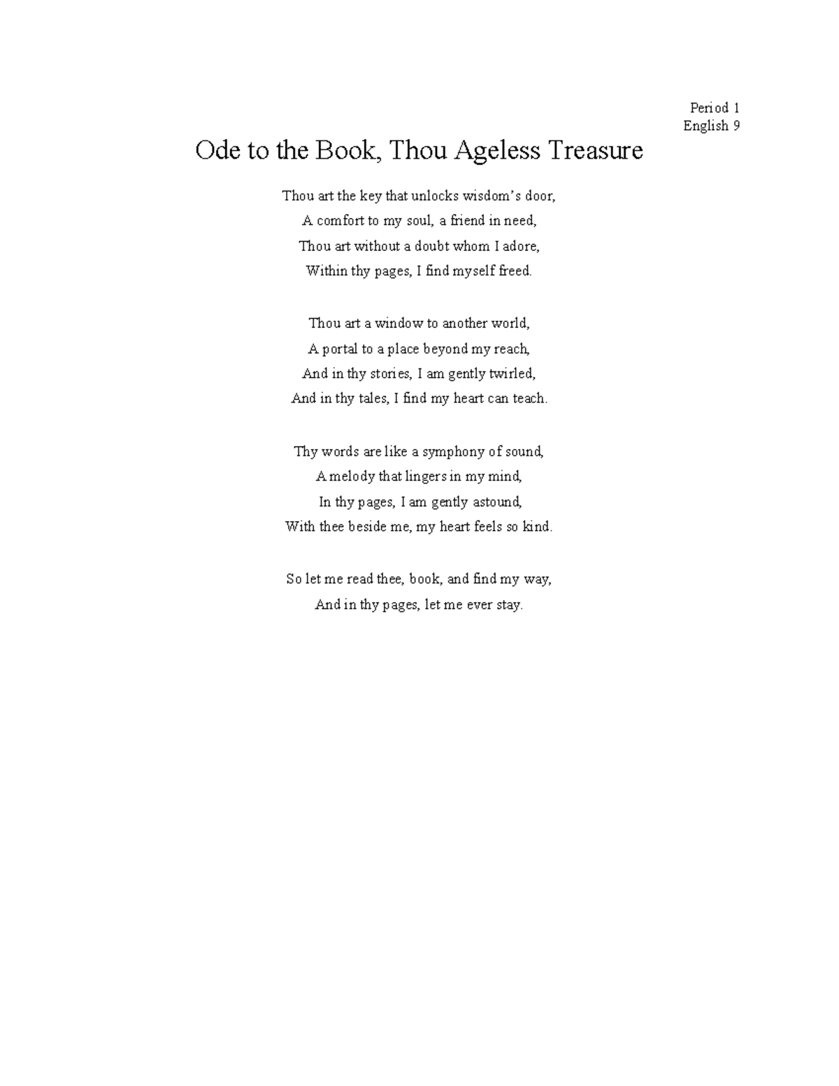 Period 1 English 9: Sonnets - Notes on Ode to the Book - Studocu
