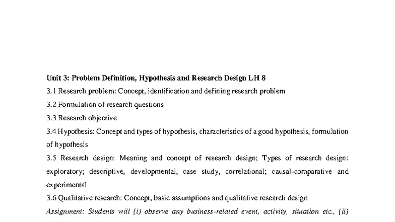 Unit 3: Problem Definition, Hypothesis & Research Design (LH 8) - Studocu