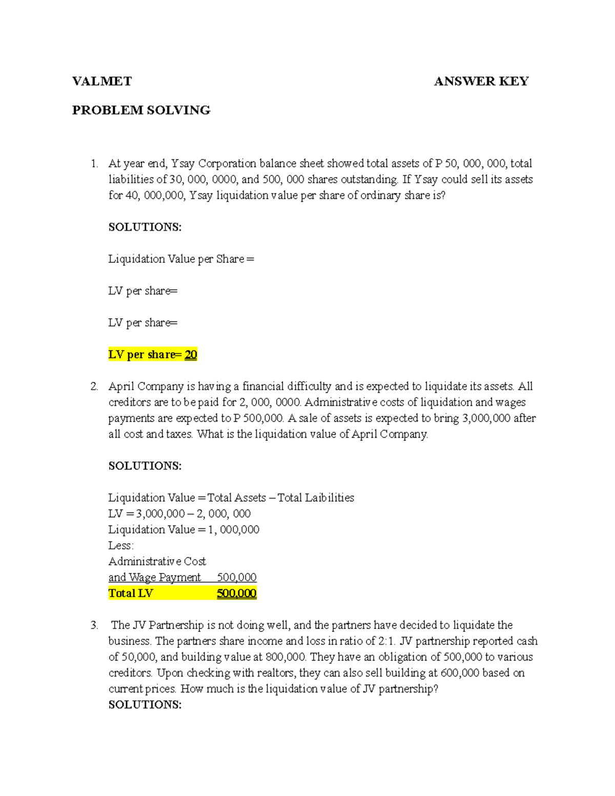 Valmet - Problem Solving & Liquidation Analysis (FIN 101) - Studocu