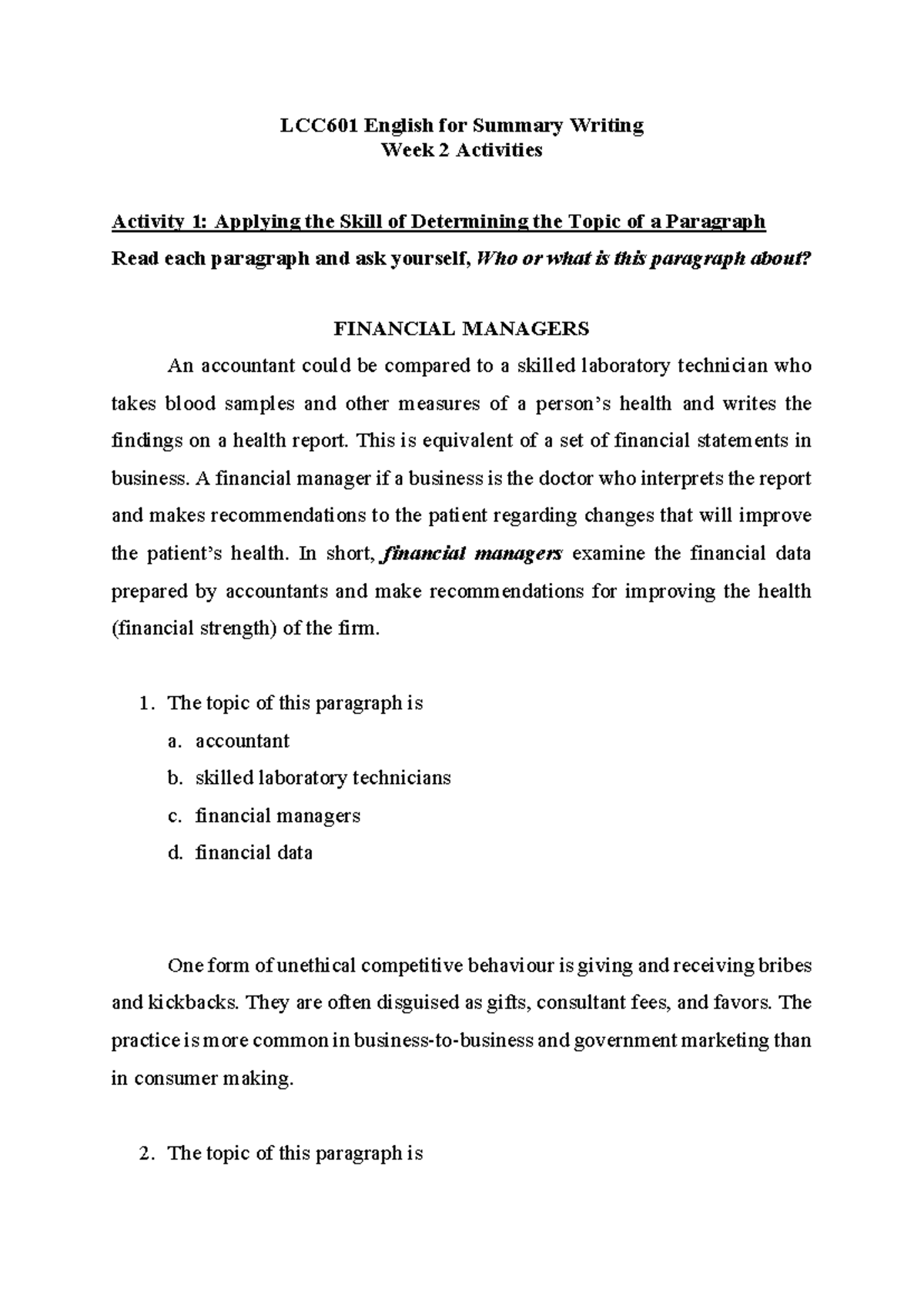 LCC601 English for Summary Writing: Week 2 Activities and Topics - Studocu