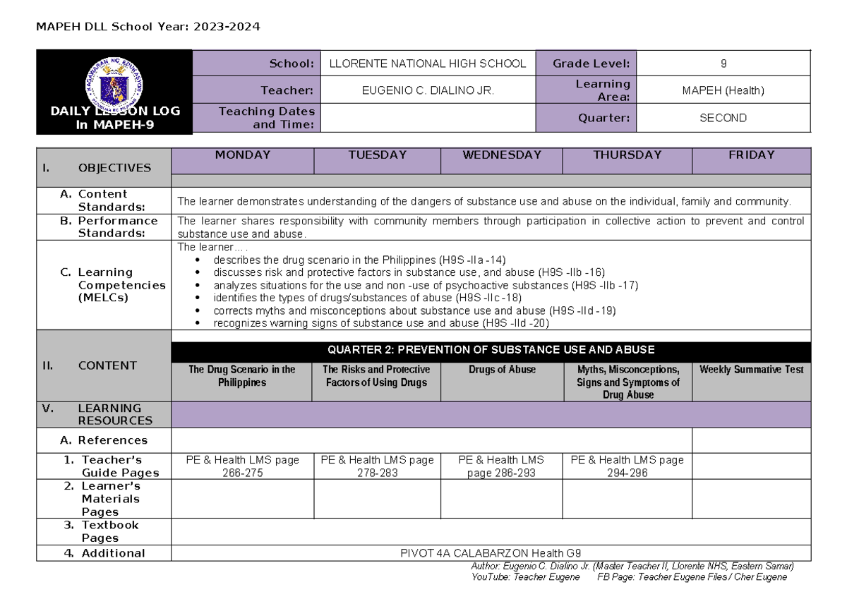 Q2 DLL - MAPEH 9: Health Lessons on Substance Use and Abuse - Studocu