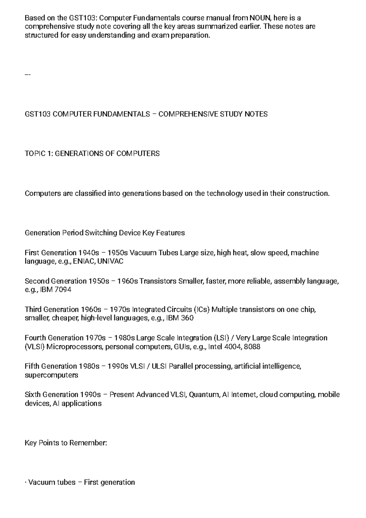 GST103: Comprehensive Study Notes on Computer Fundamentals - Studocu