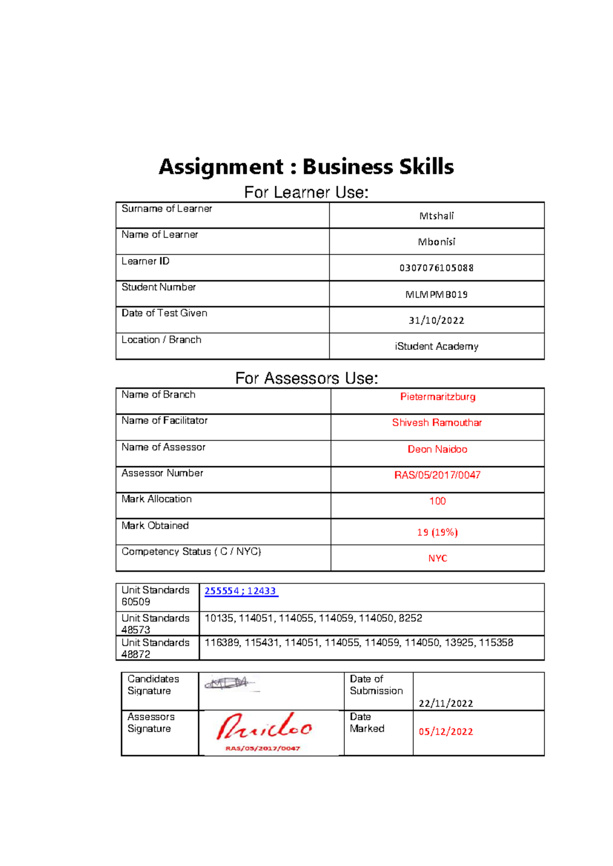 Business Skills Assignment: Mbonisi Mtshali - Marked Evaluation - Studocu