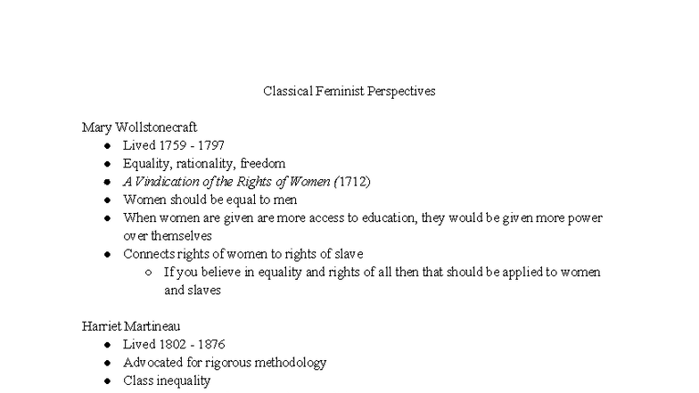 Classical Feminist Perspectives: Key Thinkers & Contributions - Studocu