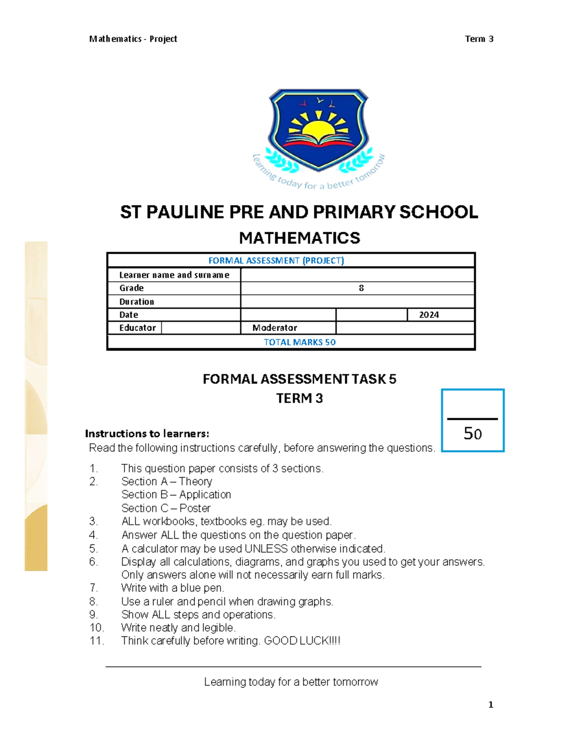 Grade 8 Maths Project - Formal Assessment Task 5 Term 3 - Studocu