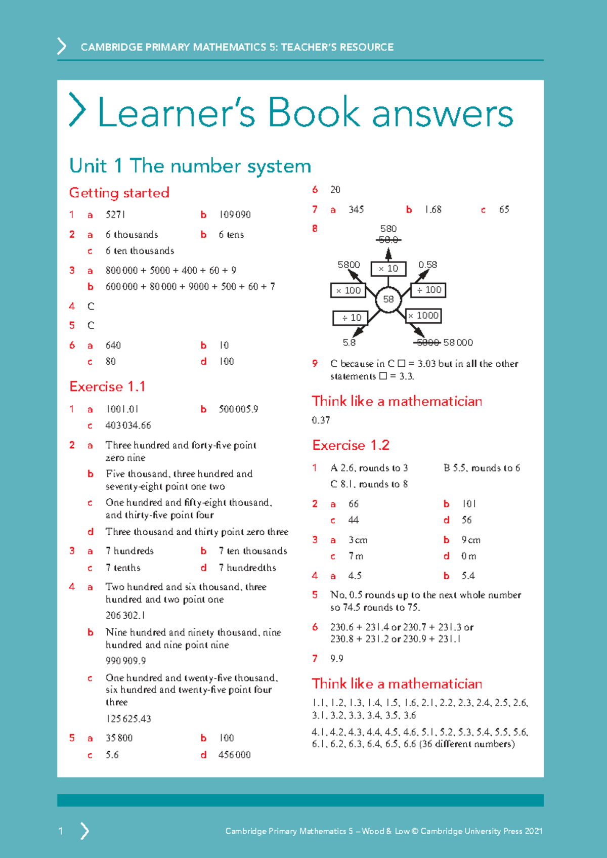 CAMBRIDGE PRIMARY MATHEMATICS 5: RESOURCE Answer Key for Units 1-18 ...