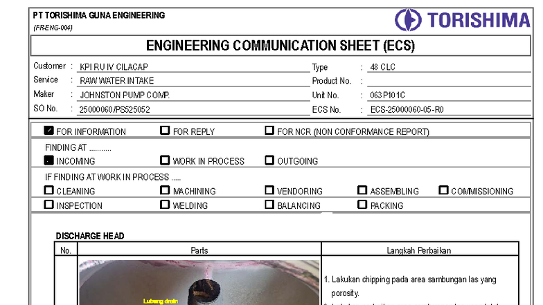 FR-ENG-004. ECS-25000060-05 Engineering Communication Sheet for Raw ...