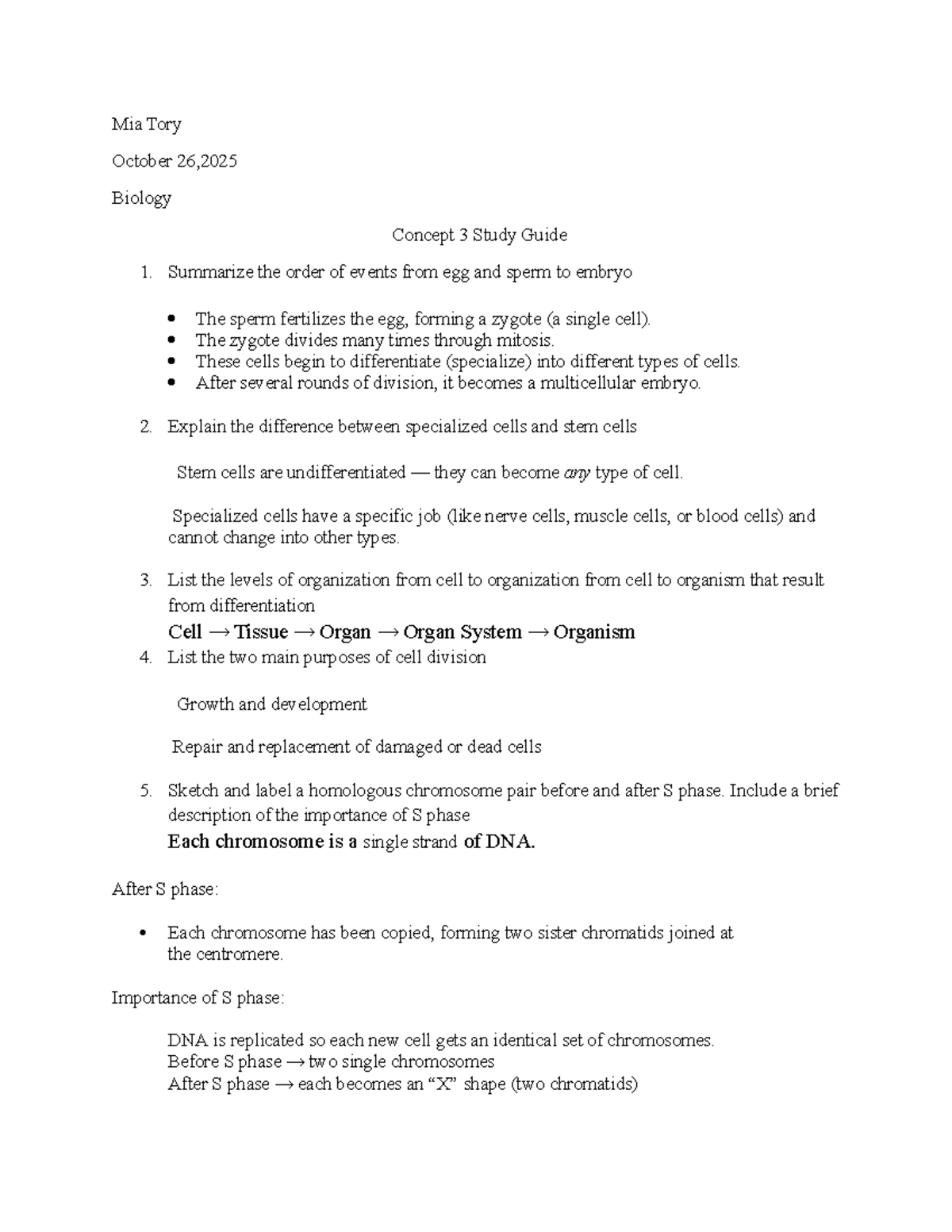 Biology 101: Concept 3 Study Guide on Cell Division & Differentiation ...