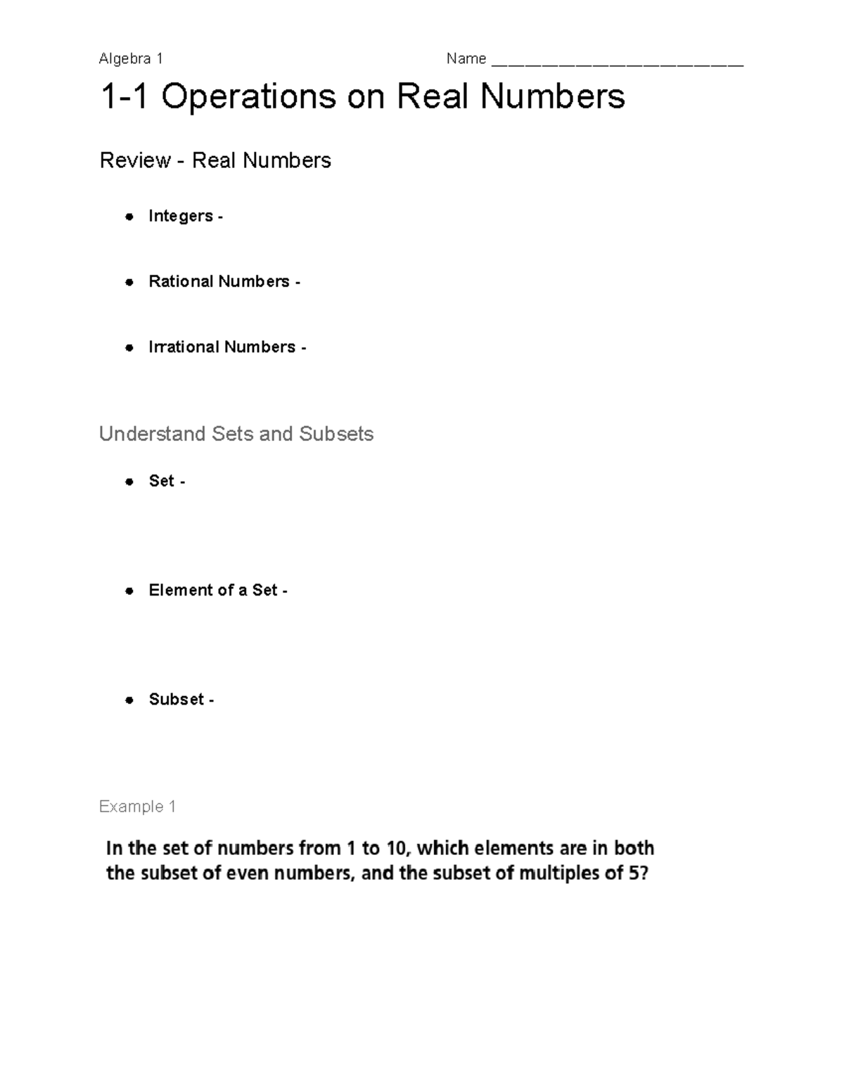 1-1 Notes Blank - Algebra 1 Name ______________________________ 1-1 ...