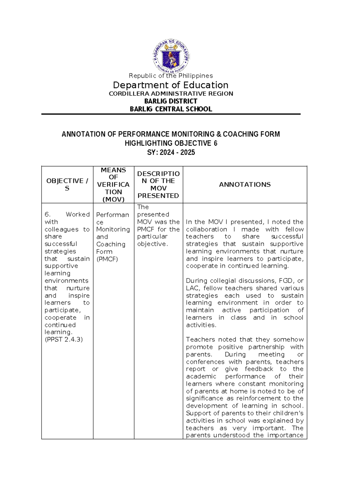 Annotation of Performance Monitoring Coaching Form for Objective 6 SY ...