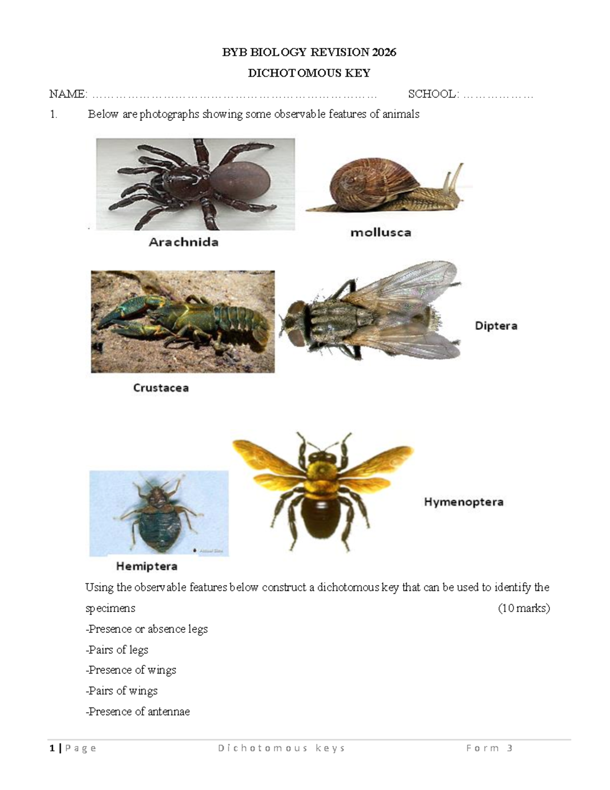 Dichotomous Key Practice for B BIOLOGY Form 3 Revision 2026 - Studocu
