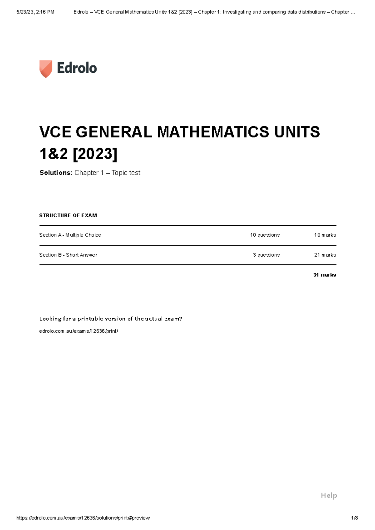 Edrolo VCE General Mathematics Units 1&2 Chapter 1 Topic Test Answers ...