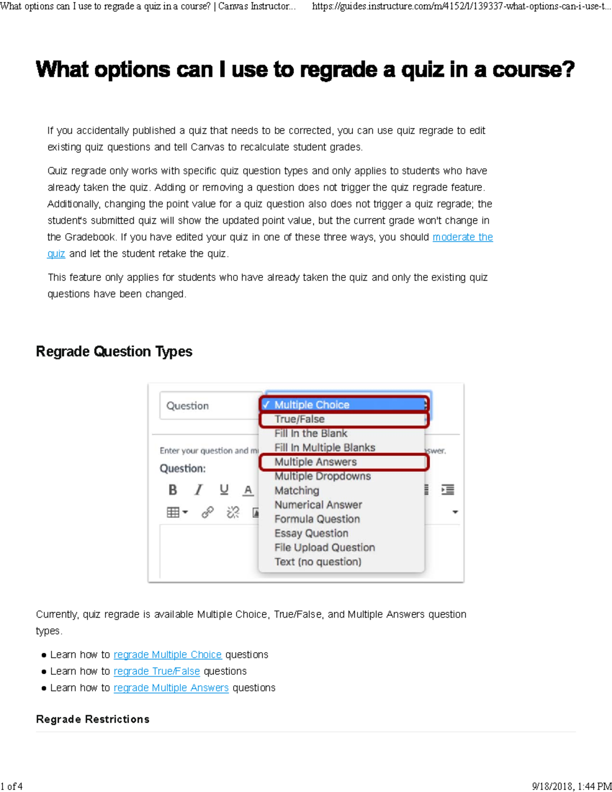 Canvas Quiz Regrade Options and Guidelines for Instructors - Studocu
