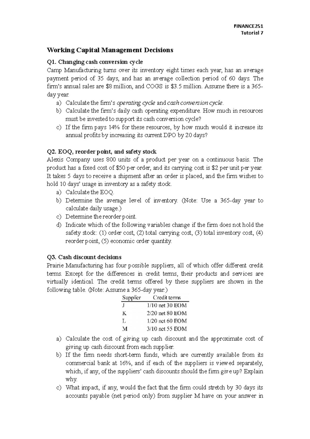 FINANCE Tutorial 7: Working Capital Management Decisions & Questions ...