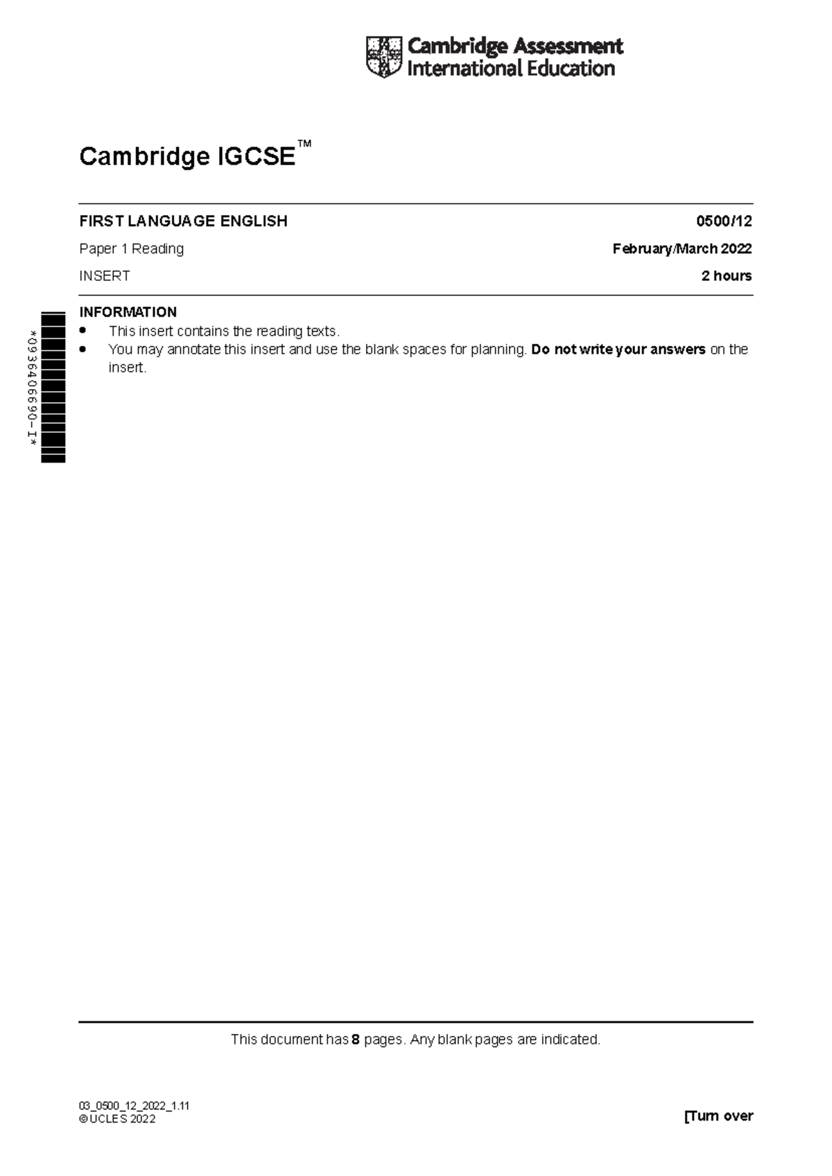 0500 M22 Past Paper - English as a First Language Reading Exam - Studocu