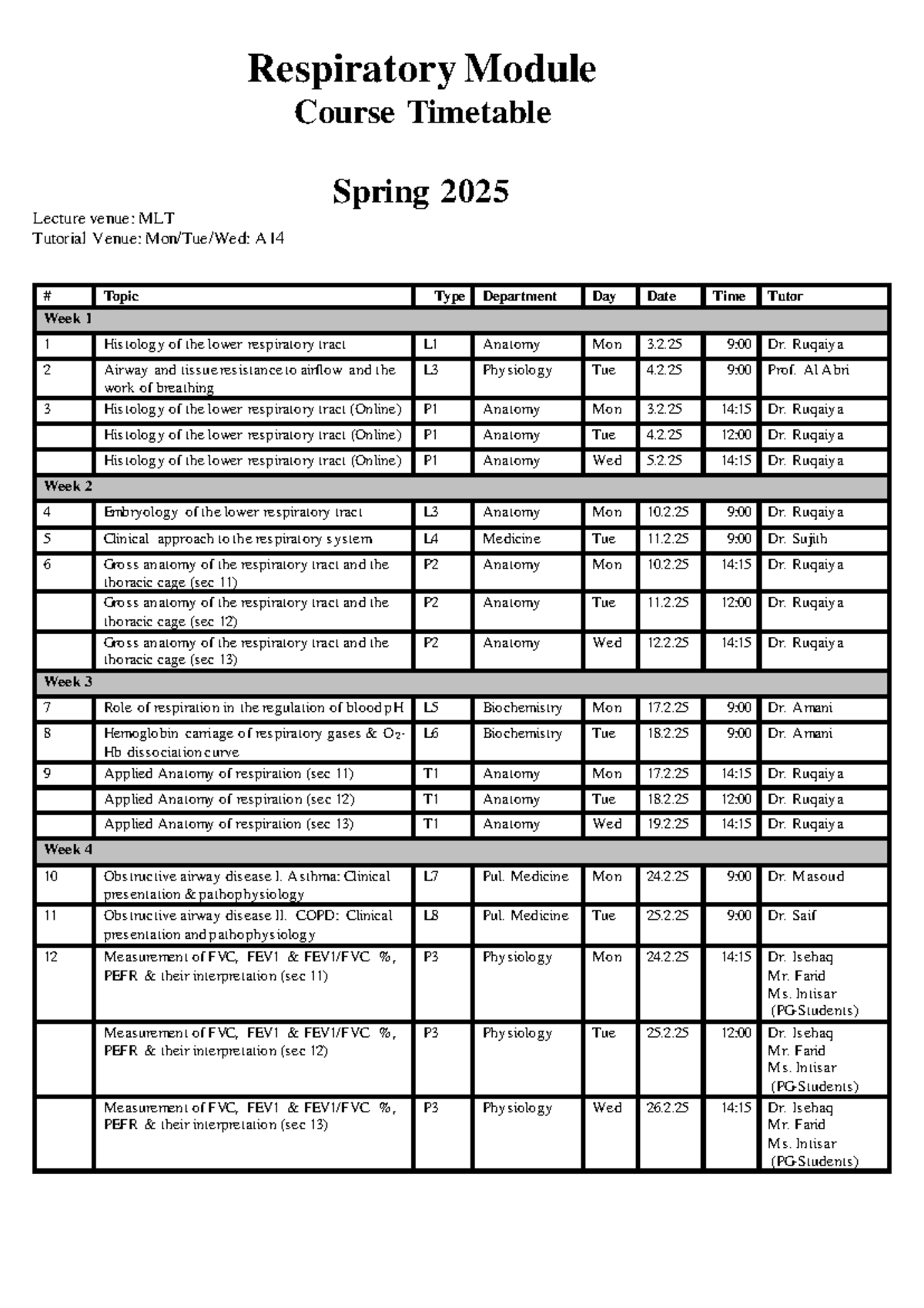 Respiratory Module Course Timetable Spring 2025: Lecture & Practical ...