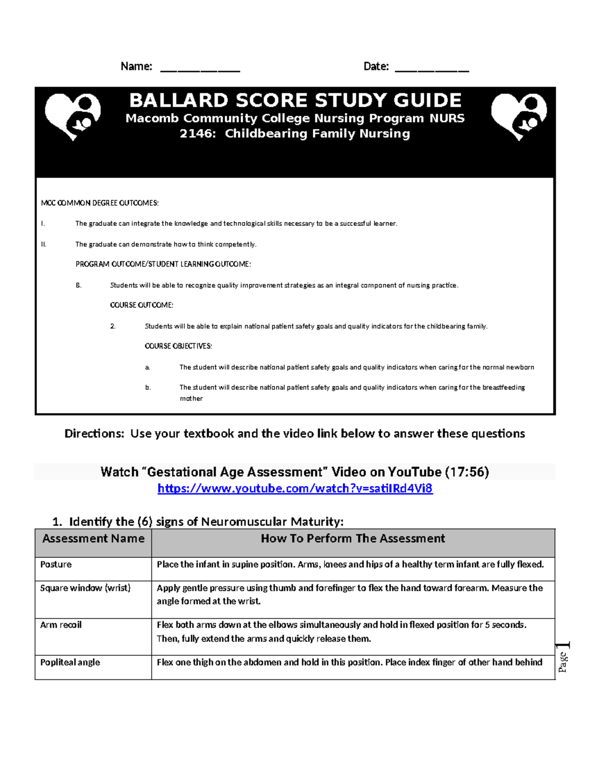 NURS 2146: Ballard Score Study Guide for Childbearing Family Nursing ...