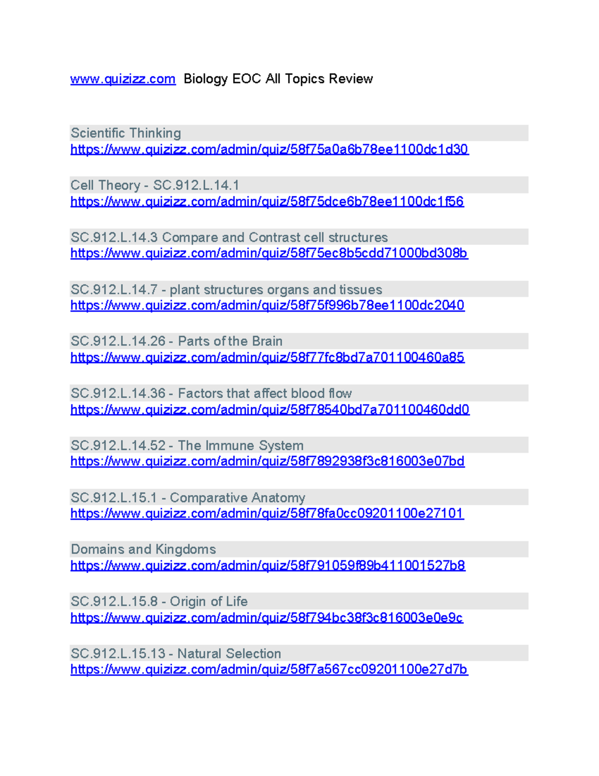 Biology EOC Quizizz Comprehensive Review SC.912.L. All Topics - Studocu
