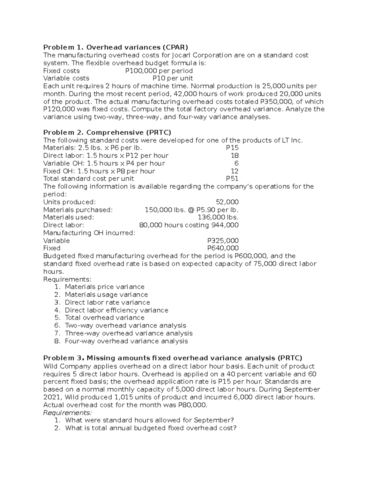 Variance Analysis Problems (CPAR, PRTC, RESA) for Manufacturing ...