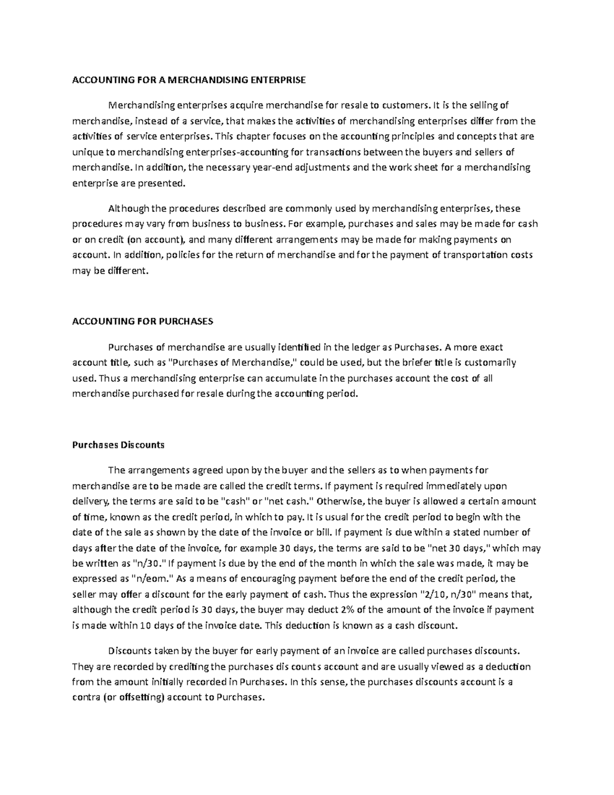 Accounting FOR A Merchandising Enterprise - ACCOUNTING FOR A ...