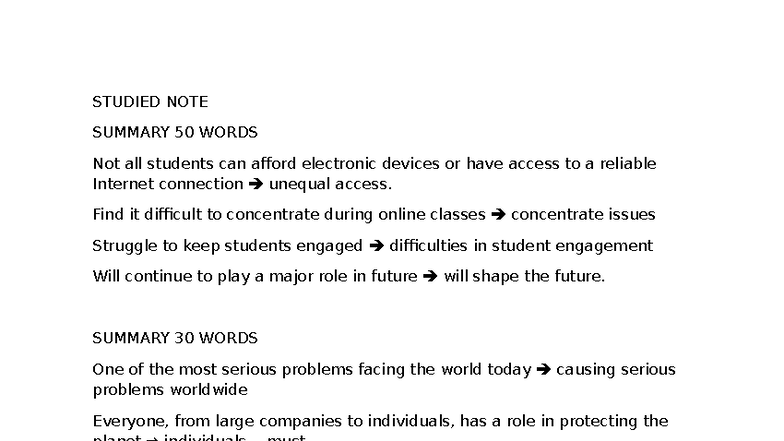 Studied NOTE ( Summaries ) - STUDIED NOTE SUMMARY 50 WORDS Not all ...