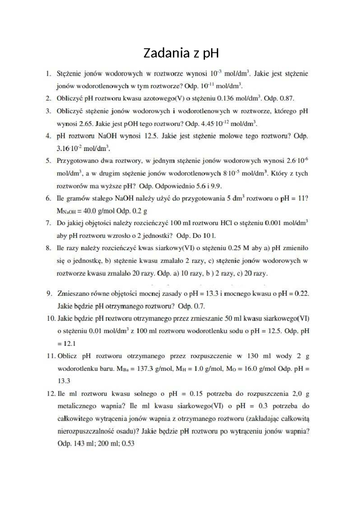 Zadania z pH: Obliczenia i Rozwiązania dla Chemii 1 - Studocu