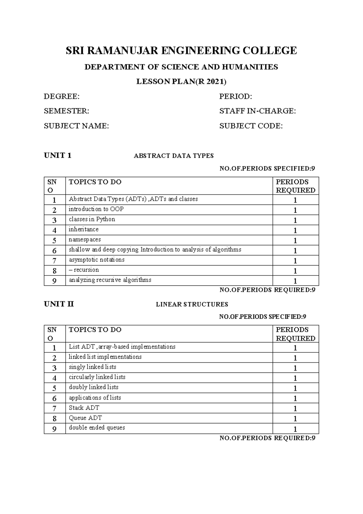 DS Lesson Plan (R 2021) - Abstract Data Types & Structures - Studocu